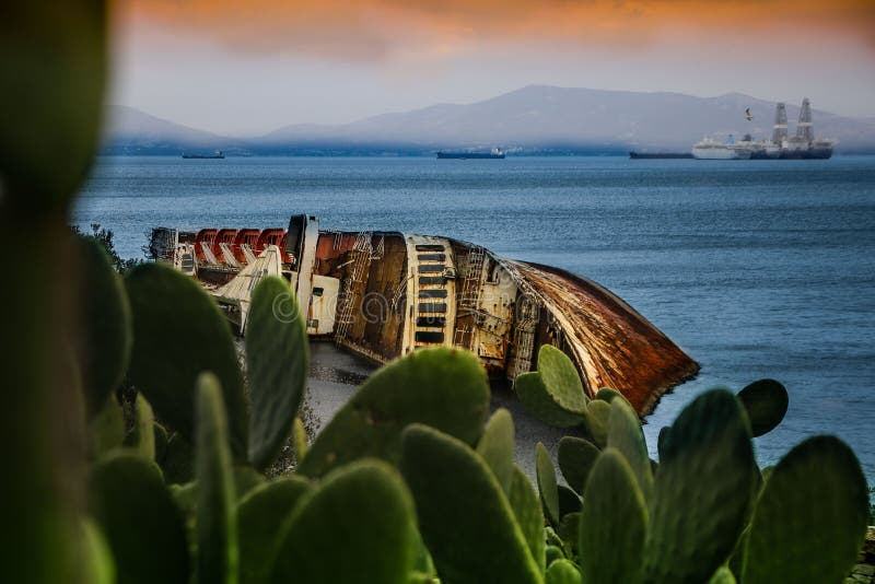 Wrecked Old Rusty Ship Abandoned at Sunset Stock Photo - Image of ...