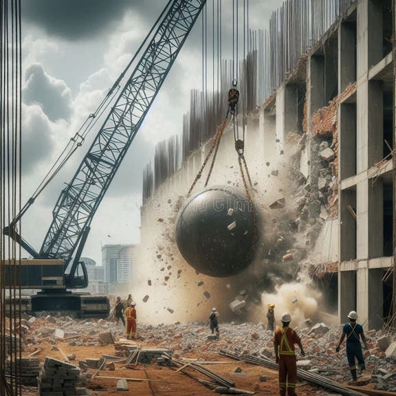 A Wrecking Ball Crane Swing and Smash a Wall at the Construction Site ...