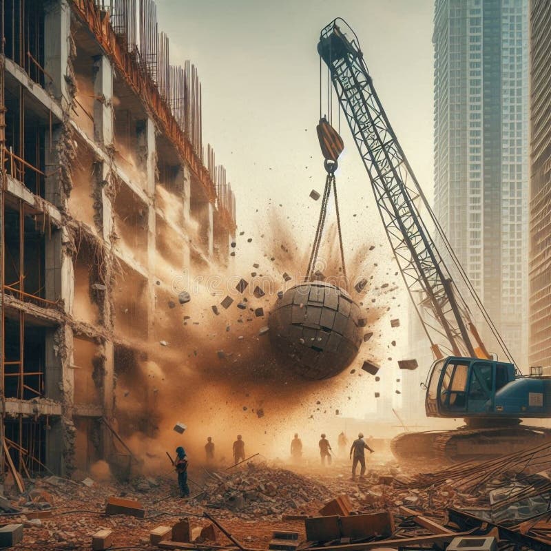 A Wrecking Ball Crane Swing and Smash a Wall at the Construction Site ...