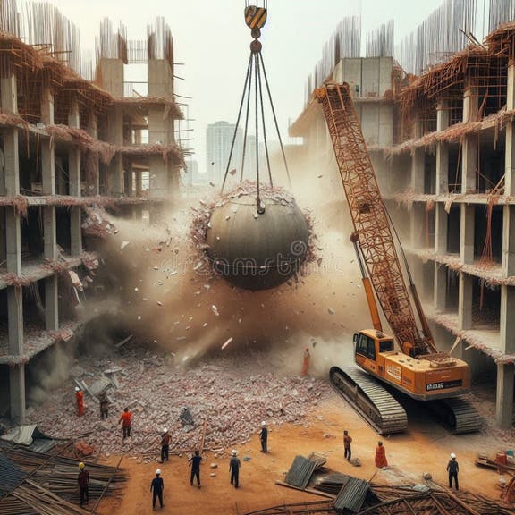 A Wrecking Ball Crane Swing and Smash a Wall at the Construction Site ...