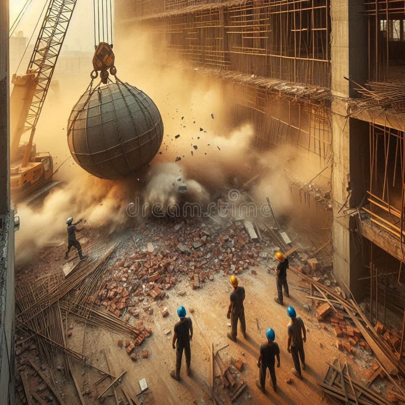 A Wrecking Ball Crane Swing and Smash a Wall at the Construction Site ...