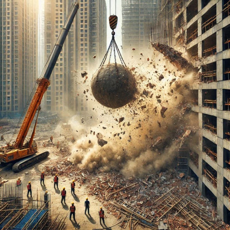 A Wrecking Ball Crane Swing and Smash a Wall at the Construction Site ...