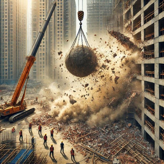 A Wrecking Ball Crane Swing and Smash a Wall at the Construction Site ...