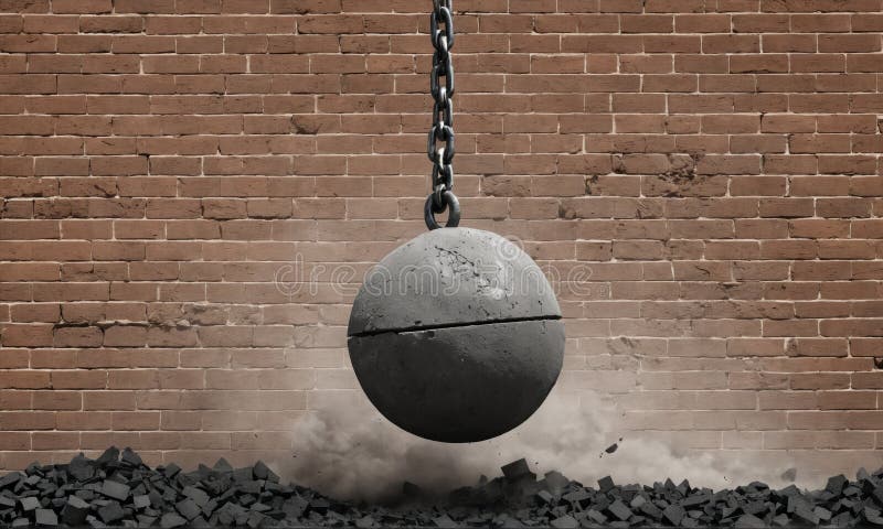 Wrecking Ball Suspended by Chain in Front of Brick Wall Stock ...
