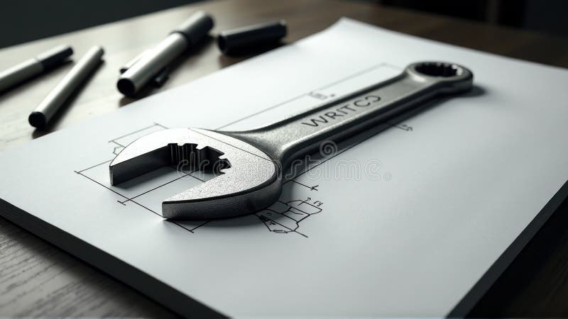 Wrench on Blueprint with Pens. Stock Illustration - Illustration of ...