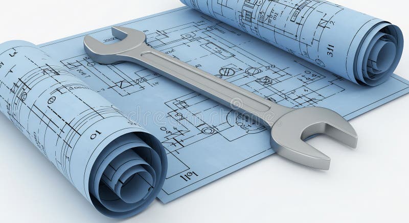 Wrench on Blueprint Rolls Design and Planning Concept Stock ...