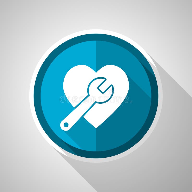 Wrench and Heart Symbol, Flat Design Vector Blue Icon with Long Shadow ...