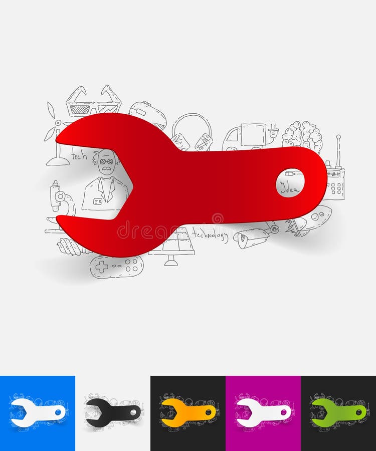 Wrench Paper Sticker with Hand Drawn Elements Stock Vector ...