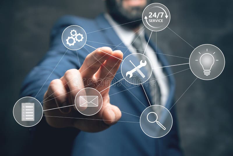 Wrench, Screwdriver and Icons on a Virtual Screen. Technical Support ...