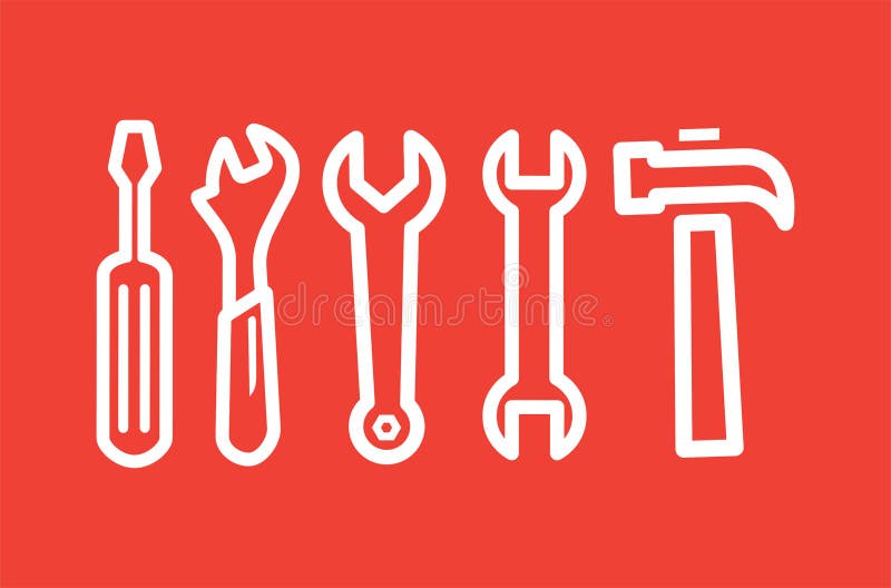 Wrench Spanner Screwdriver and Hammer Line Red Icon on White Background ...