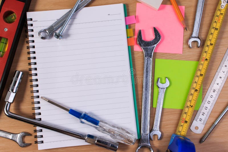 Wrench Tools on Table Workers with Blank Paper for Text. Stock Image ...