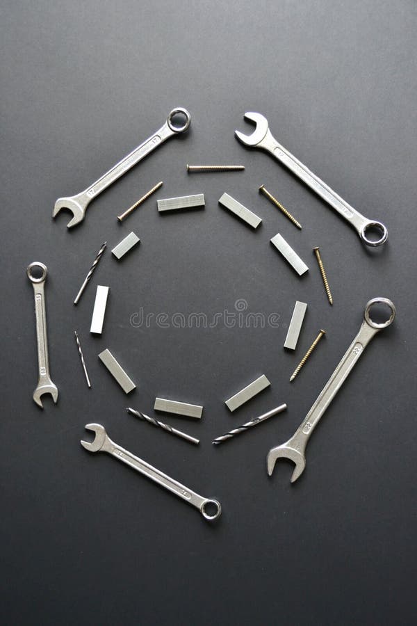 Wrenches, Drills in a Circle on a Black Background. Tool on a Black ...