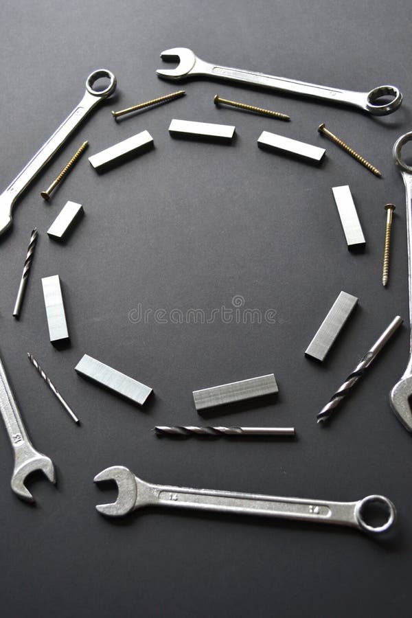 Wrenches, Drills in a Circle on a Black Background. Tool on a Black ...