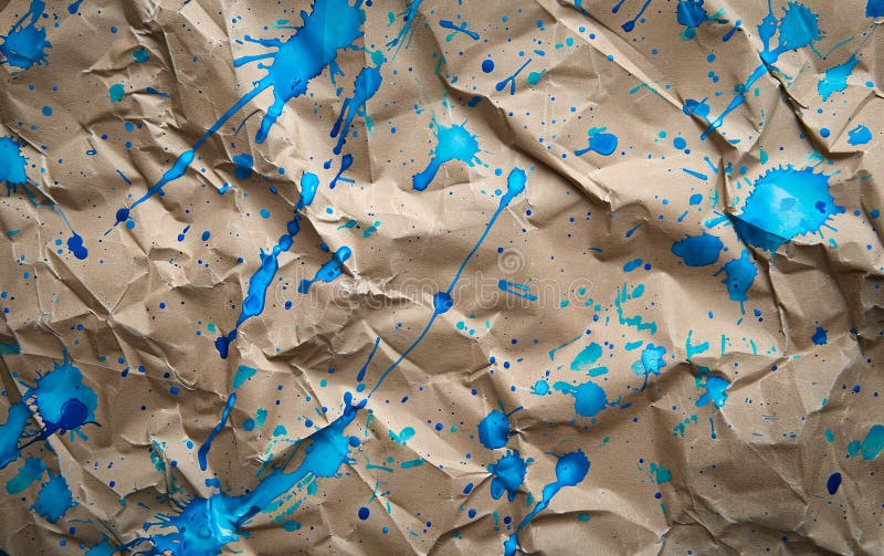 Wrinkled Brown Paper Background with Splashes of Blue Paint Stock ...