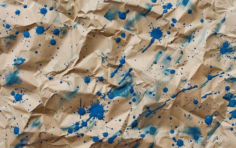 Wrinkled Brown Paper Background with Splashes of Blue Paint Stock ...