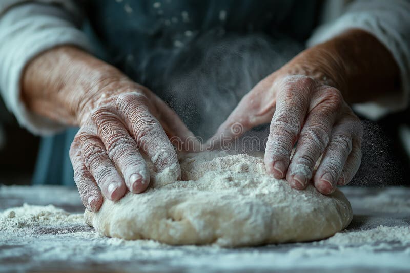 Old Wrinkled Hands Kneading Dough with Flour in a Rustic Kitchen during ...