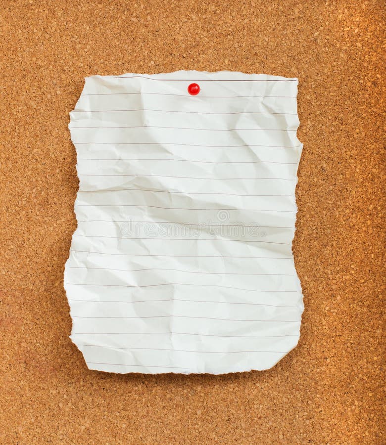 Wrinkled Paper with Red Pin on Cork Board Stock Image - Image of blank ...