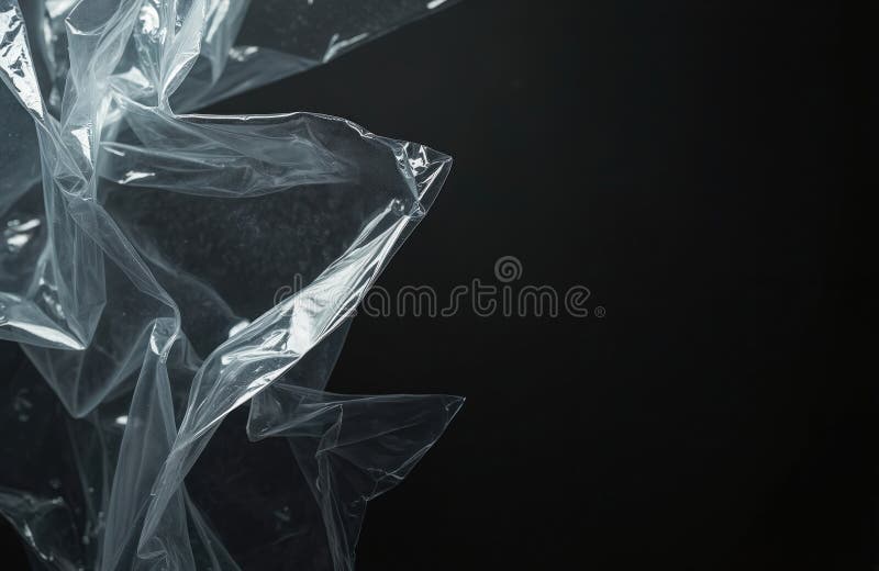 Wrinkled Transparent Plastic Wrap Overlay on Black Surface. Stretched ...