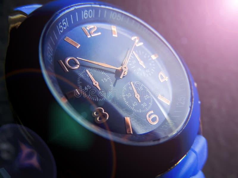Wrist Watch of Blue Color Close-up on a Gray Background. Stock Image ...