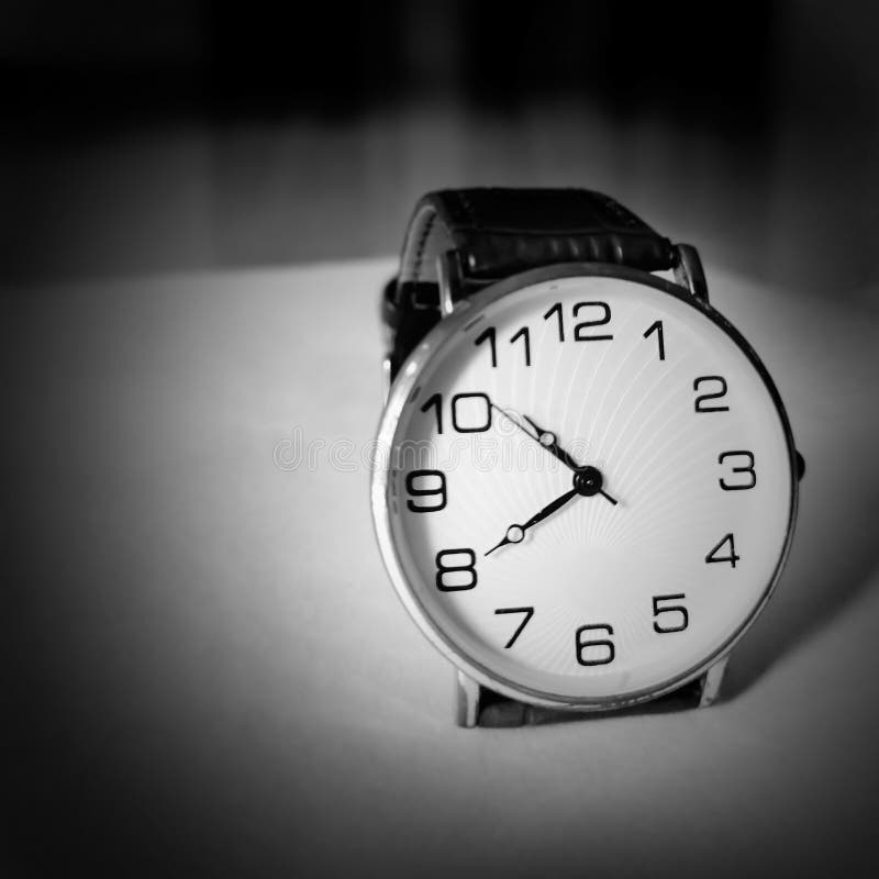 Wrist Watch Dial with Leather Belt Isolated on White Floor. Black and ...