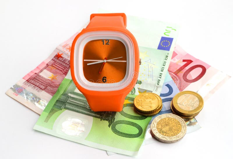 Wristlet Watch with Banknotes and Coins Stock Photo - Image of dial ...