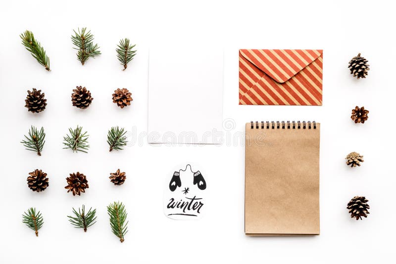 Write Greetings. Envelope, Paper, Spruce Branches and Cones and Winter ...