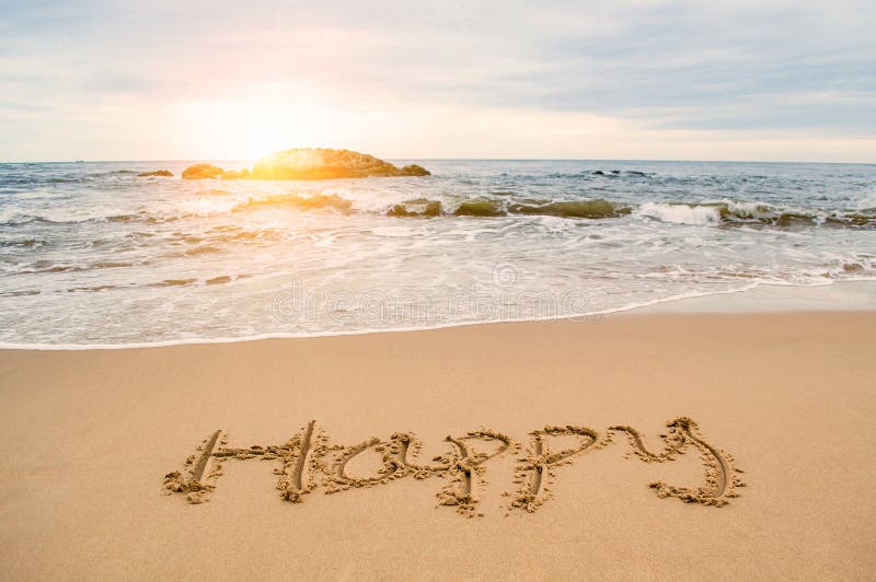 Write happy on beach stock image. Image of positive, handwriting - 64421545