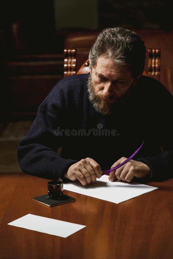 Writer with Beard Writes on White Sheet with Goose Feather Stock Image ...