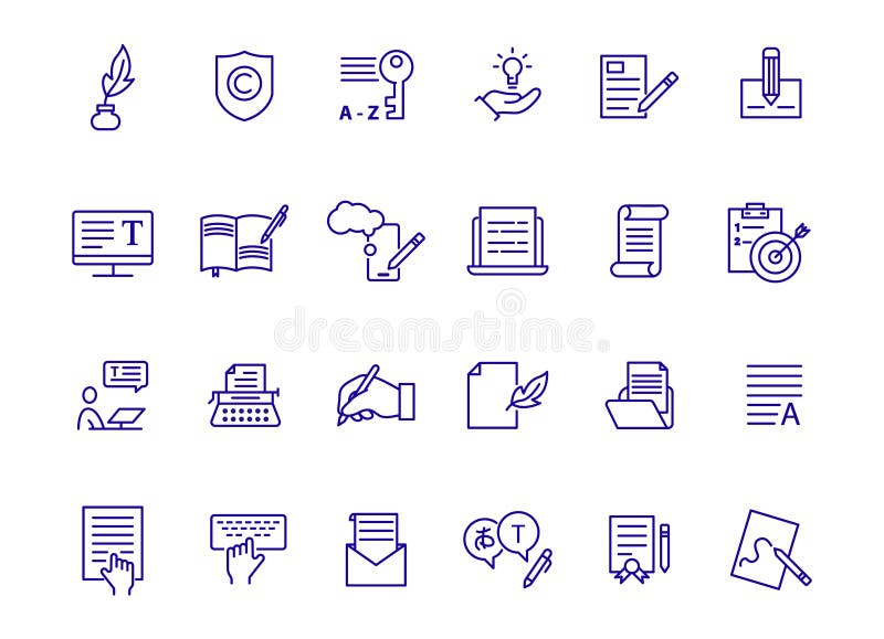 Writer Pen Line Icon Set. Write Hand Blog or Book Feather Article ...