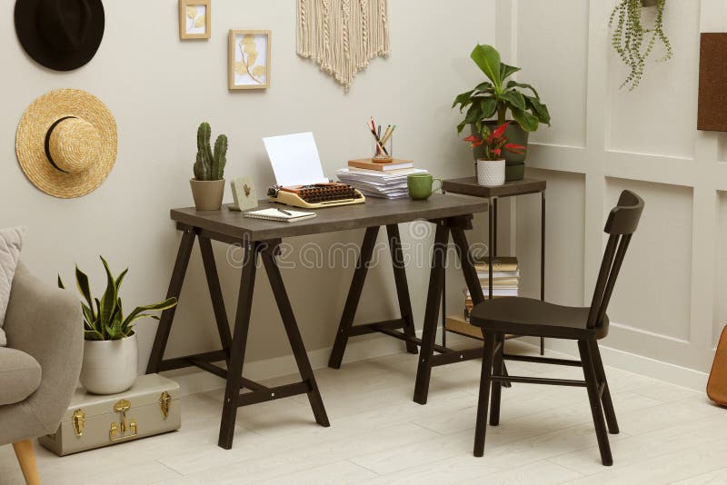 Writer`s Workplace with Typewriter on Dark Table Desk in Room Stock ...