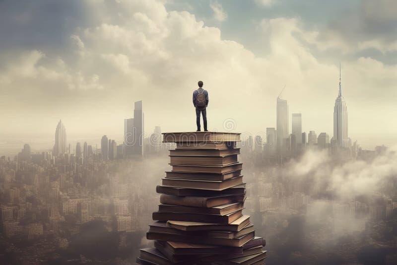 A Writer Standing on a Giant Stack of Books, with a City Skyline ...