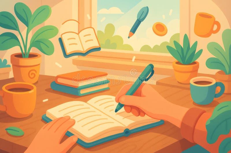 Writer Taking Notes in Notebook at Wooden Desk with Coffee and Plants ...