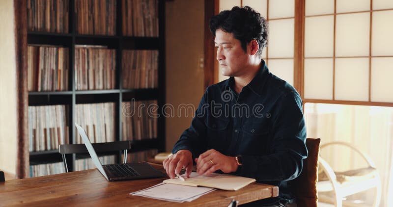 Writer, Typing and Man in Home Office with Laptop, Research Notes or ...