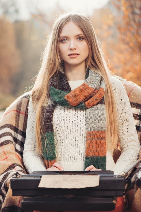 Writer Woman Work on the Old Typewriter in the Autumn Park Stock Image ...