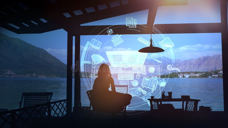 Writer Working on a Laptop after Sunset. Stock Image - Image of ...