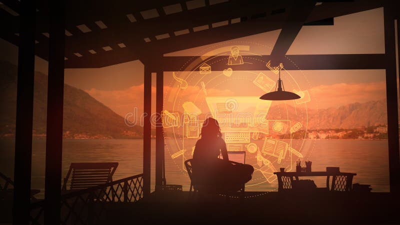Writer Working on a Laptop at Sunset. Stock Image - Image of projection ...