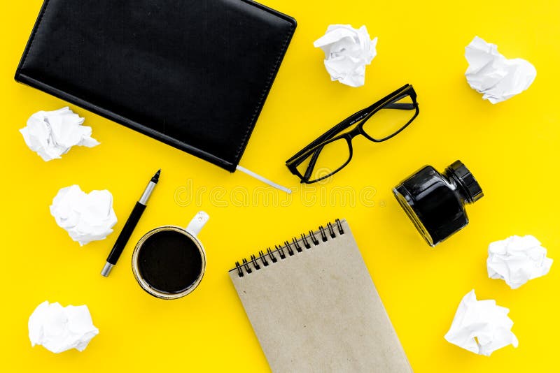 Writer Workplace with Tools for Work on Stone Table Background Top View ...