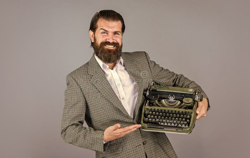 Writer Writes with Typewriter. Bearded Man in Jacket with Retro Type ...