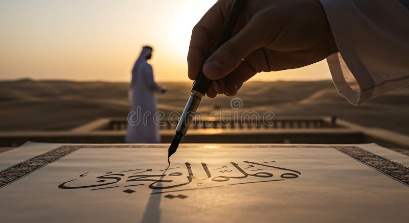 Writing Arabic Calligraphy with Ink Pen in Desert at Sunset Stock ...