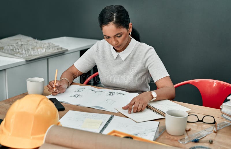 Writing, Architecture and Woman at Desk with Blueprint, Busy or Project ...