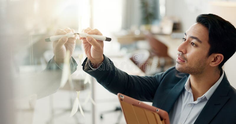 Writing, Business Man and Tablet Planning on Clear Board with Thinking ...