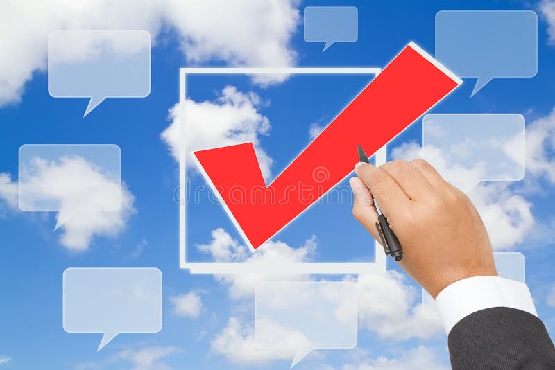 Writing Check Markand Text Balloon on Blue Sky Stock Image - Image of ...