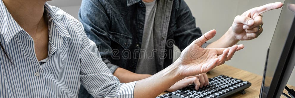 Writing Codes and Typing Data Code Technology, Programmer Team Working on Web Site Project in a ...