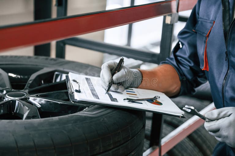 Writing the Data into Notepad. Man is in the Tire Fitting Car Service ...