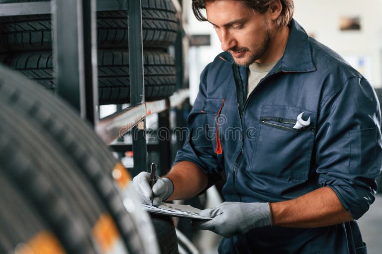 Writing the Data into Notepad. Man is in the Tire Fitting Car Service ...