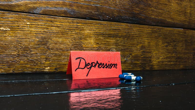 Writing Depression on Label. Label with Text Depression and Medicines ...