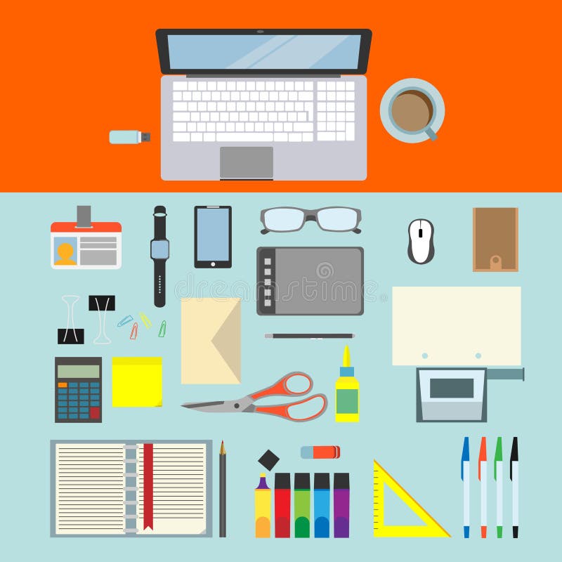Writing Desk with Office Tools and Notebook . Vector. Flat Design ...