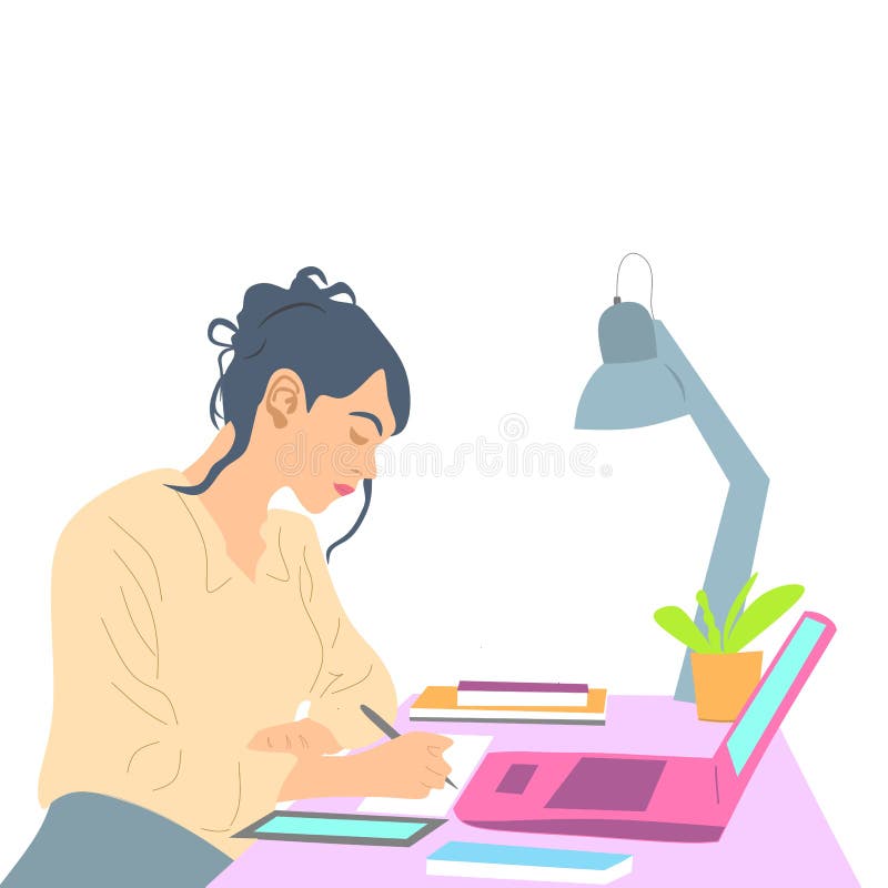 Writing on the Desk Under the Lamp in Front of the Laptop Stock Vector ...
