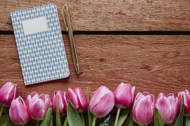 Writing Diary Spring Atmosphere Pink Tulips Stock Image - Image of ...