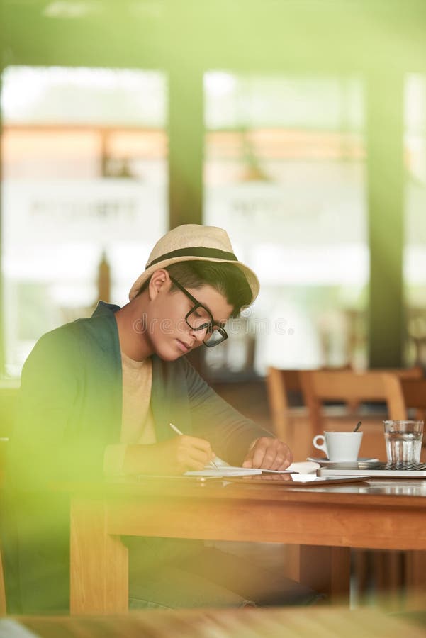 Writing down thoughts stock image. Image of cafe, handsome - 114273027